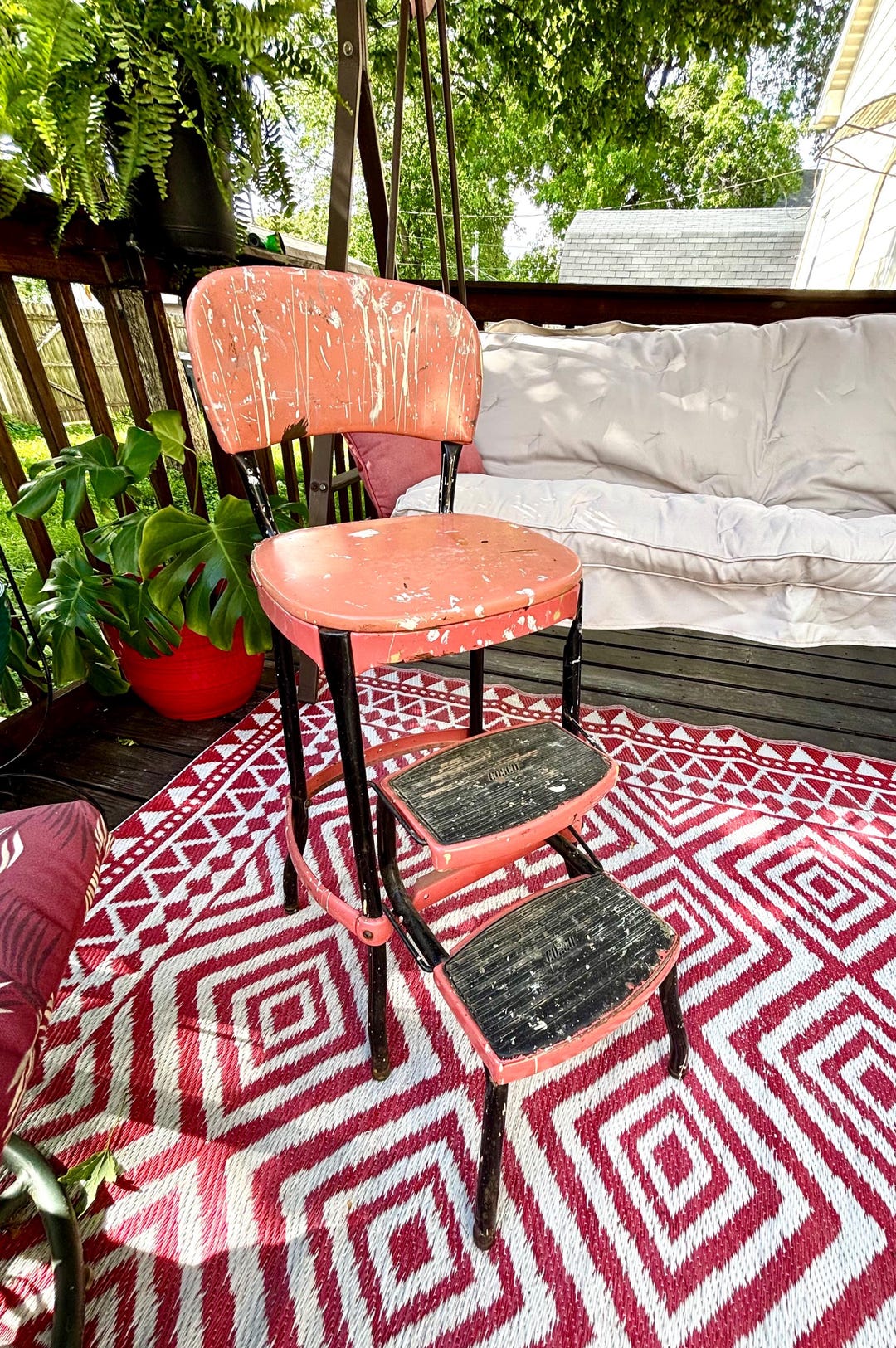 Vintage 40s 50s COSCO CHAIR Step Stool Pink Folding Metal Seat Mid ...