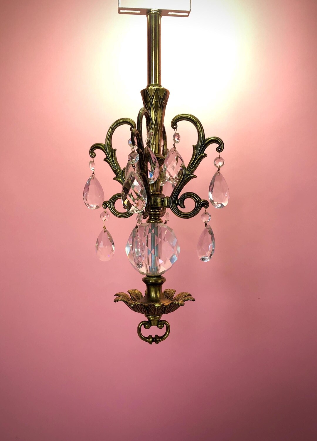 Vintage 70s Hanging Swag LAMP Brass Crystal Prism Mini Chandelier Plug ...