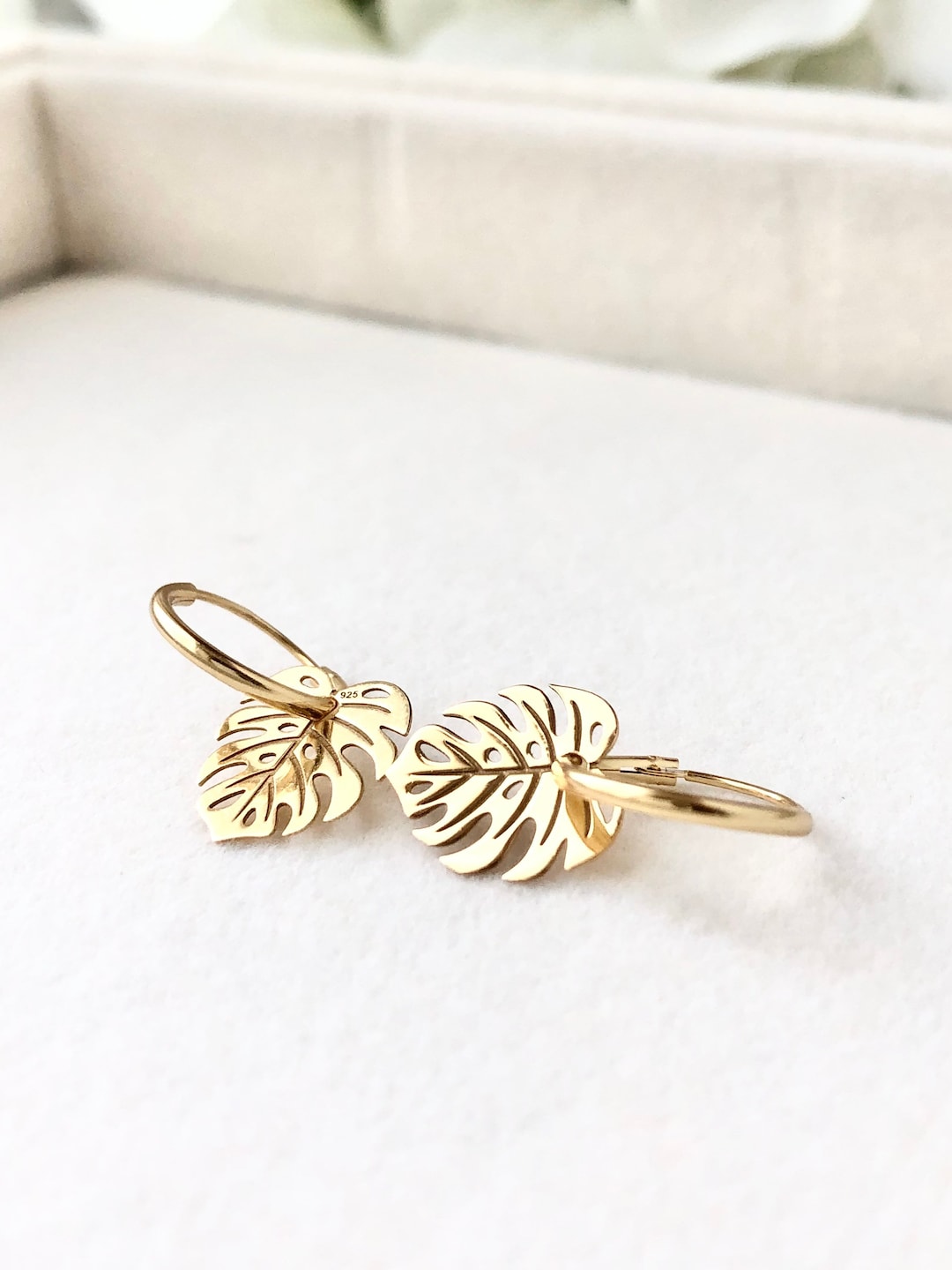 Monstera Leaf Earrings, Tropics Earrings, Hoop Earrings, Gold Dangle ...