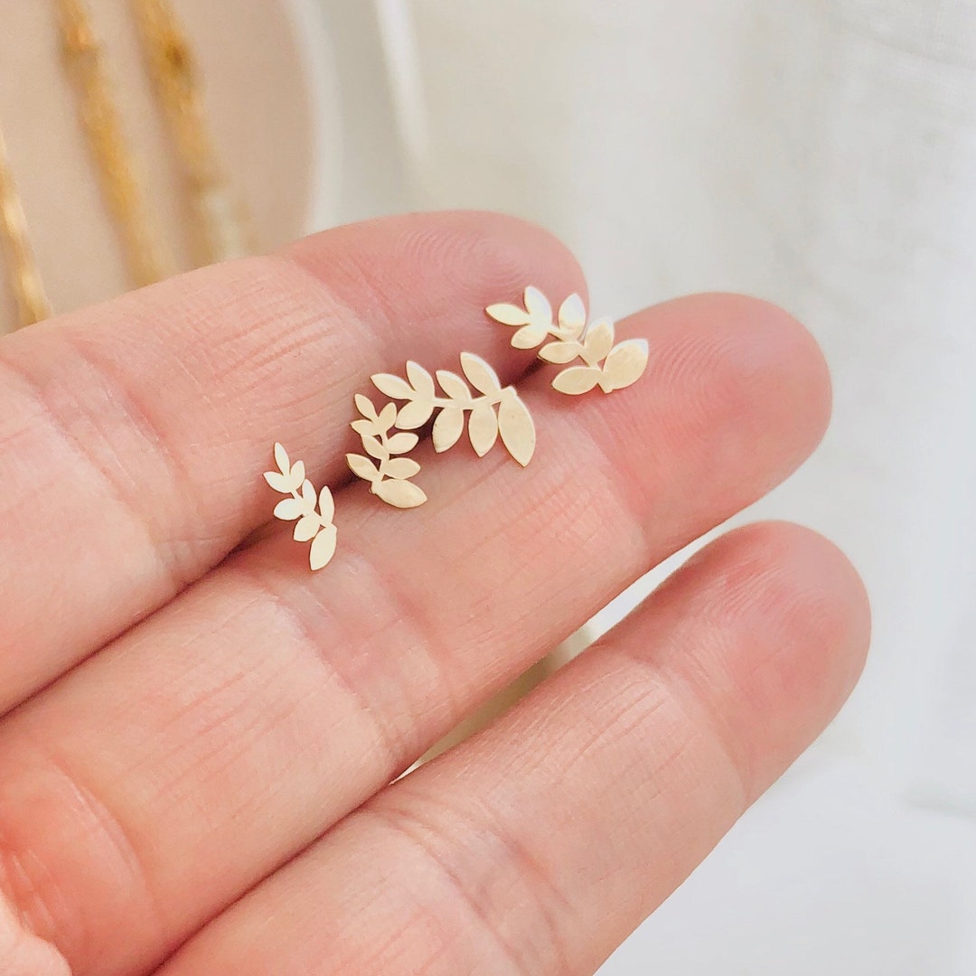 14K Solid Gold Leaf Earrings, Leaf Stud Earrings, Gold Leaf Single Stud ...