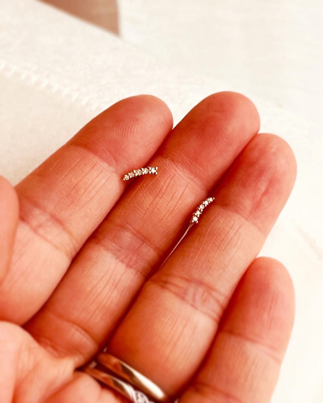 Curve Bar Diamonds Studs, 14K Solid Yellow Gold Mini Curved Row Bar ...