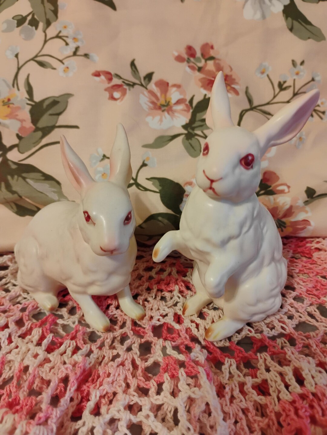 Lefton Rabbits Small Vintage White Albino Bunnies With Pink Eyes - Etsy