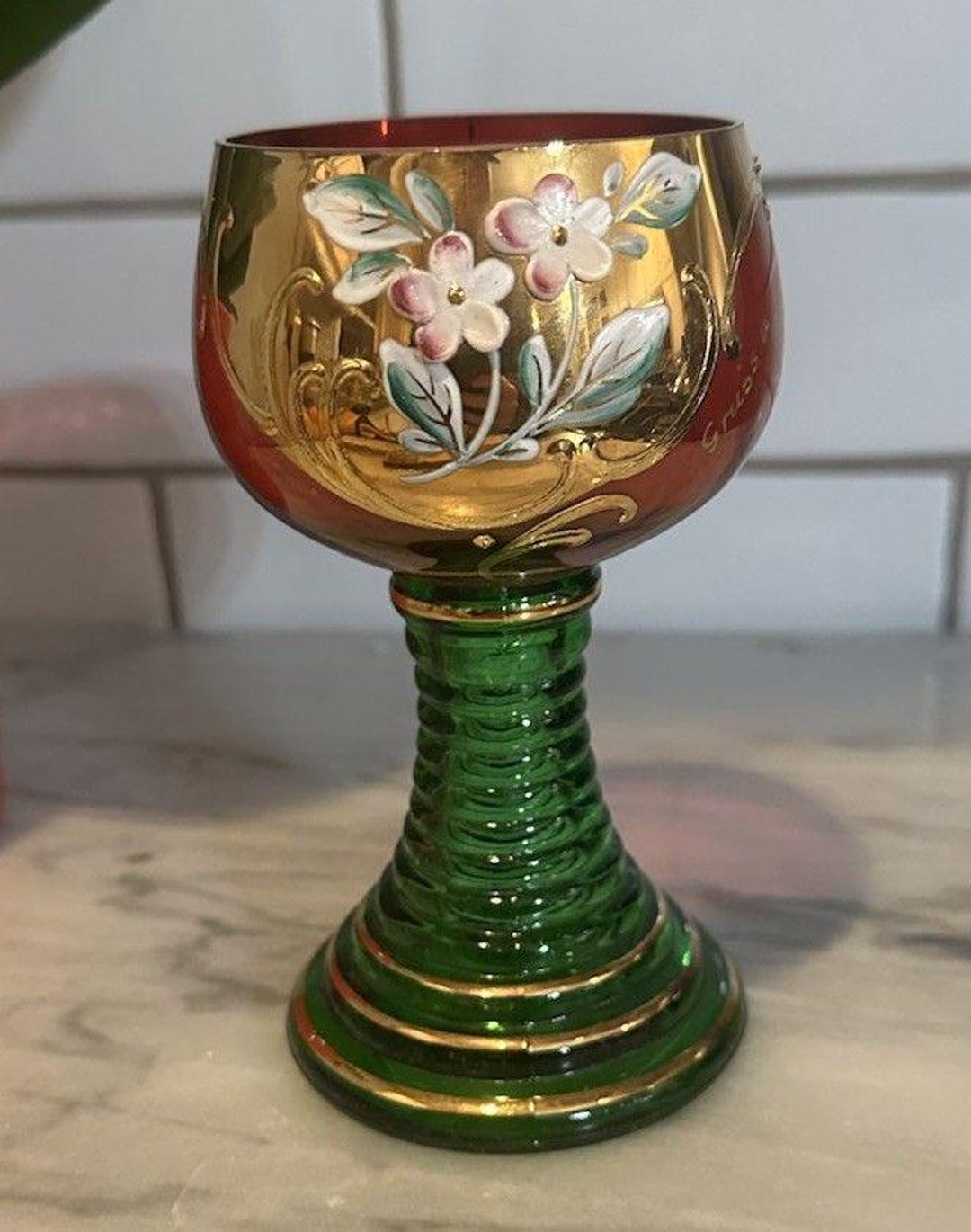 German Roemer Pedestal Shot or Aperitif Glass Green Cranberry 3D Flower ...