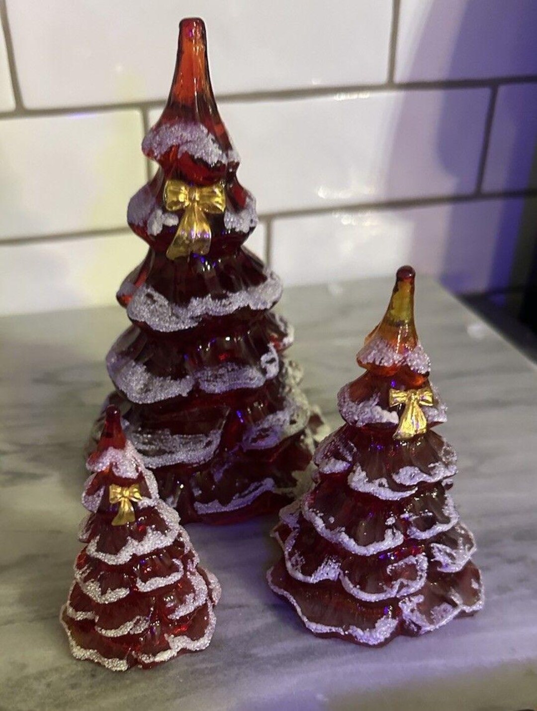 Vtg Fenton Glass Christmas Tree Ruby Amberina Flocked Set 3 4 & 6 Gold ...