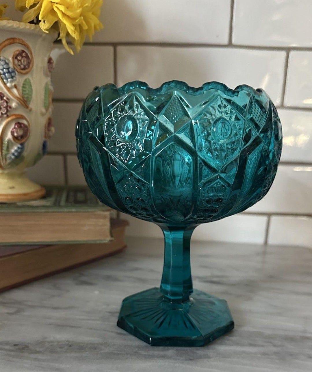 LE Smith Glass Turquoise Aqua Quintec Pedestal Candy Dish 6.5 ...