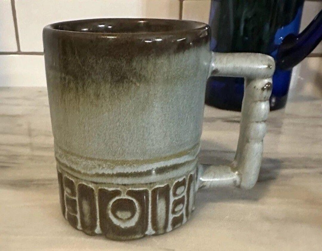 Frankoma Pottery C4 Blue Brown Coffee Mug Cup Brutalist Mid-century MCM ...