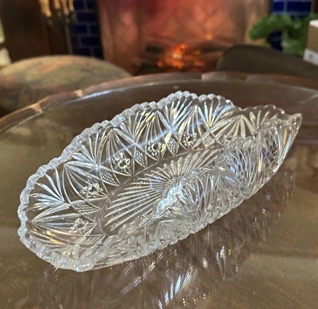 ANTIQUE AMERICAN BRILLIANT Cut Pinwheel Crystal 11 Inch Long Oval Bowl ...