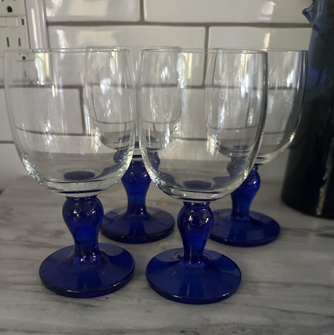 4 DANSK ARABESQUE Ice Tea Water Wine Goblet Glass COBALT Blue Stem ...