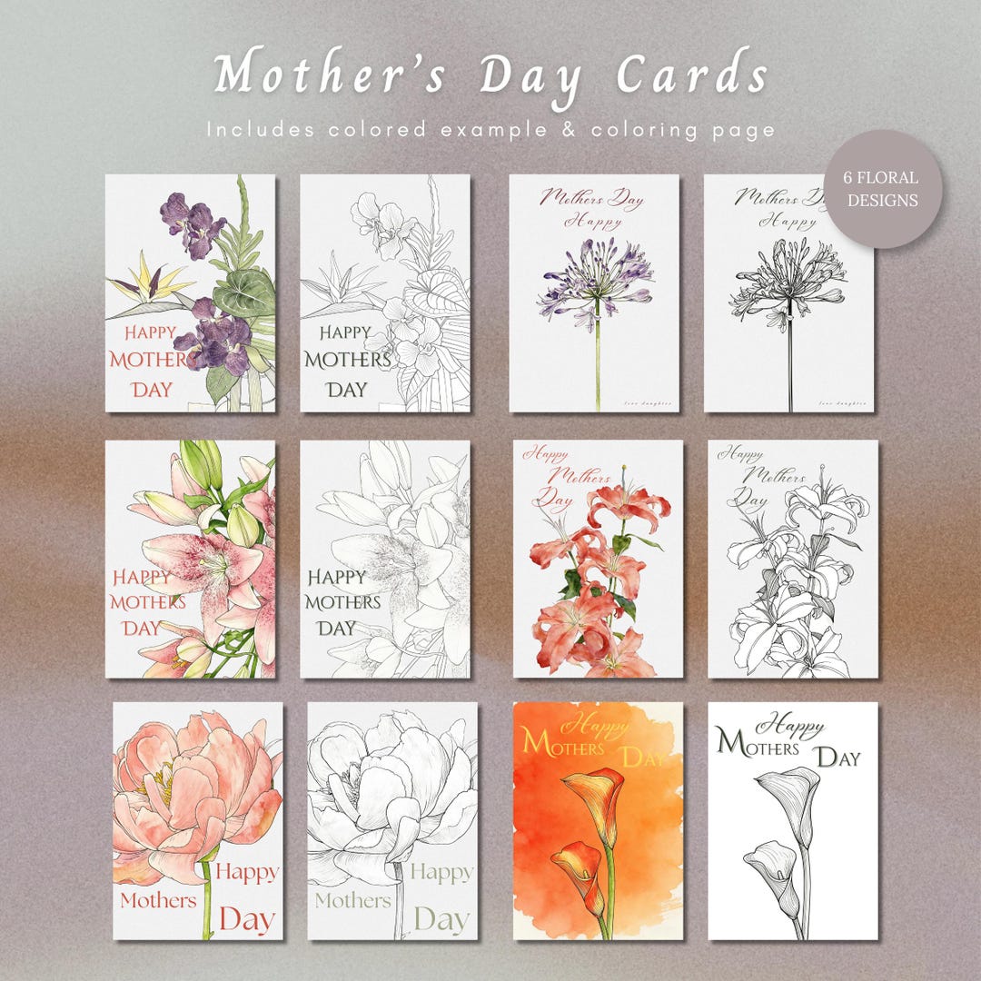 Personalized Mother’s Day Coloring Card Bundle, Floral Printable Cards ...