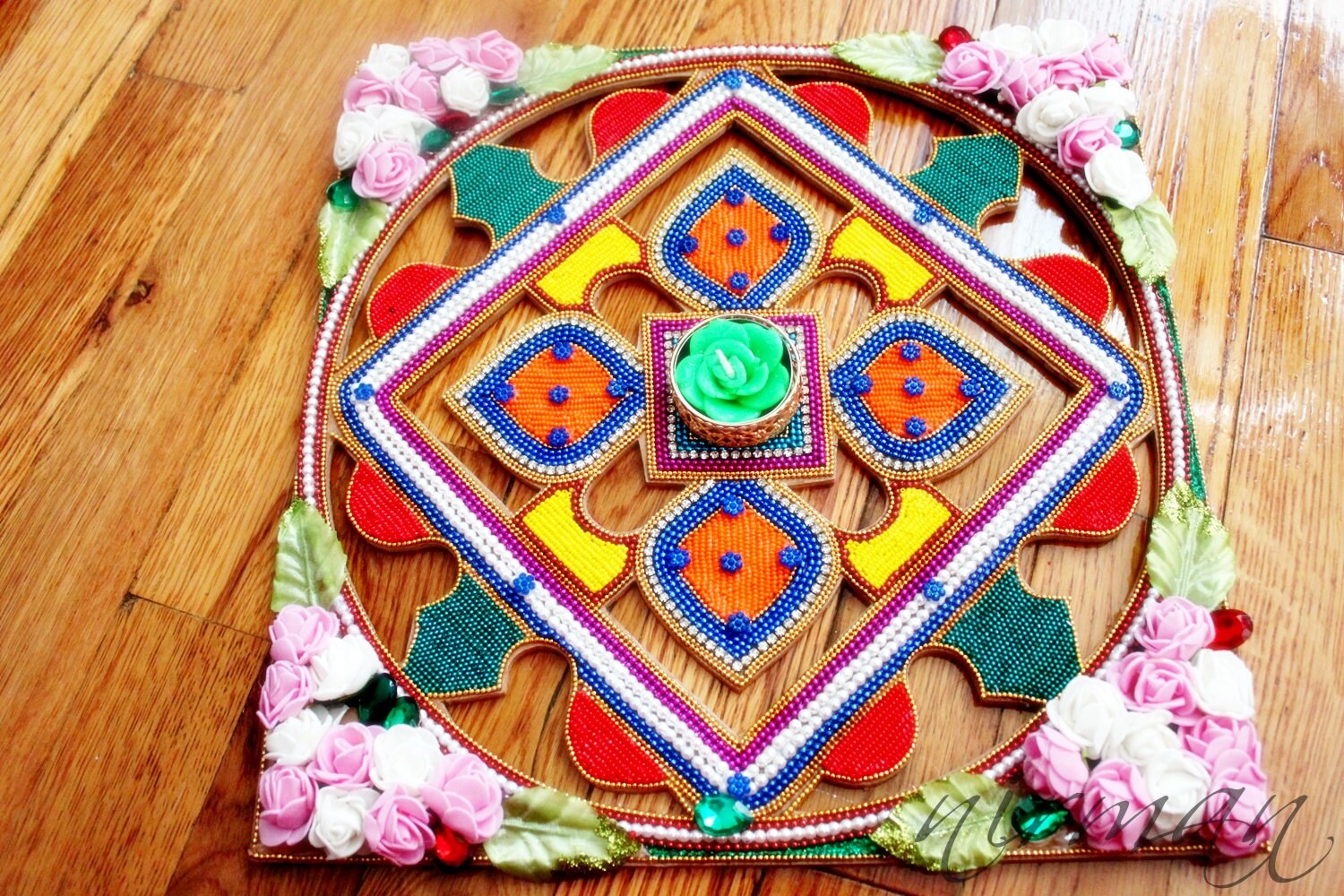 Wood Rangoli Decorated With Fabric Flowers Beads and Rhinestone, 12 ...