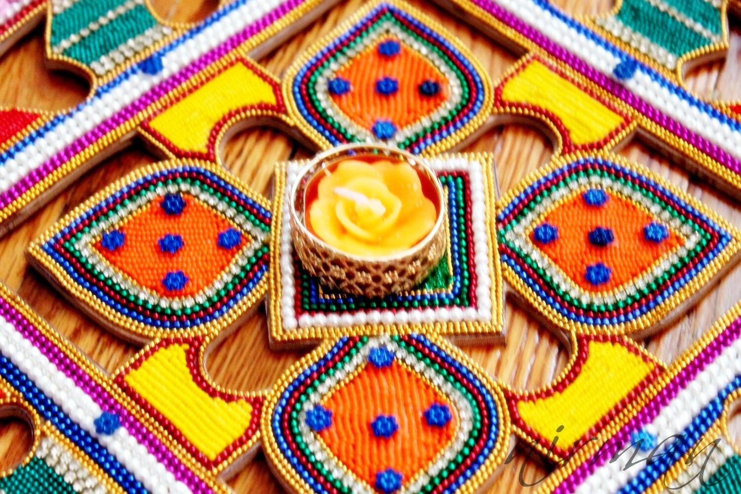 Buy Wood Rangoli Decorated With Fabric Flowers Beads and Rhinestone, 12 ...