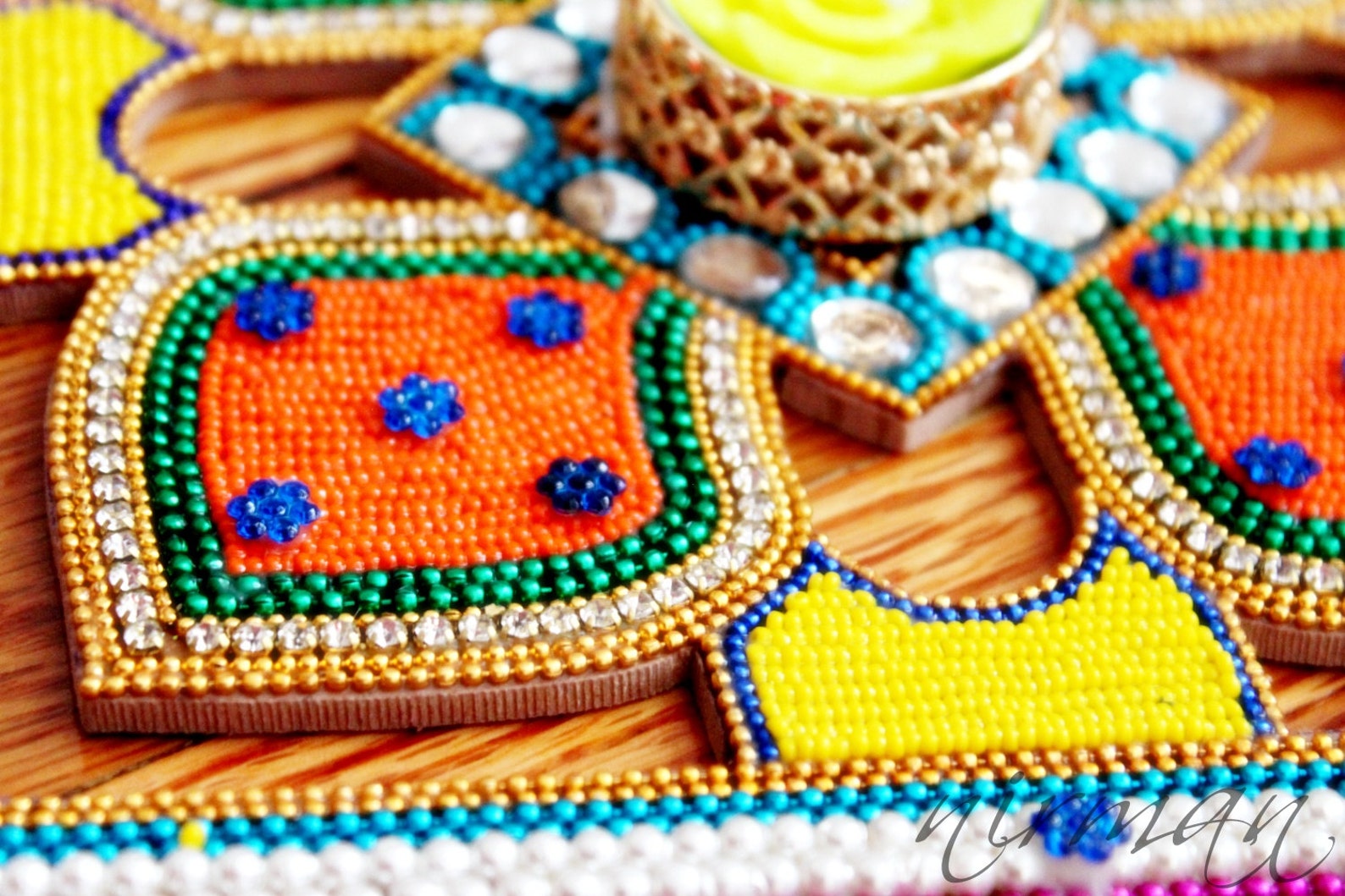 Wood Rangoli Decorated With Fabric Flowers Beads and Rhinestone, 12 ...