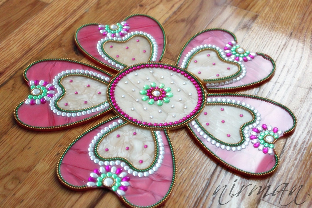 White and Pink Rangoli Kundan, Bollywood Inspired, Acrylic Floor Art ...