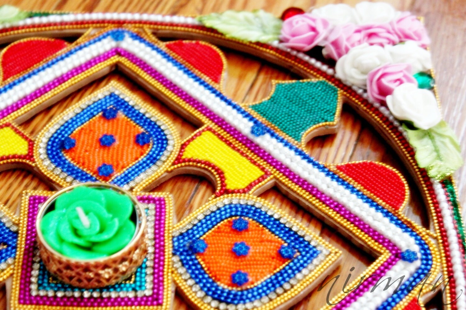 Wood Rangoli Decorated With Fabric Flowers Beads and Rhinestone, 12 ...