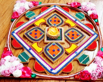 Wood Rangoli Decorated With Fabric Flowers Beads and | Etsy India