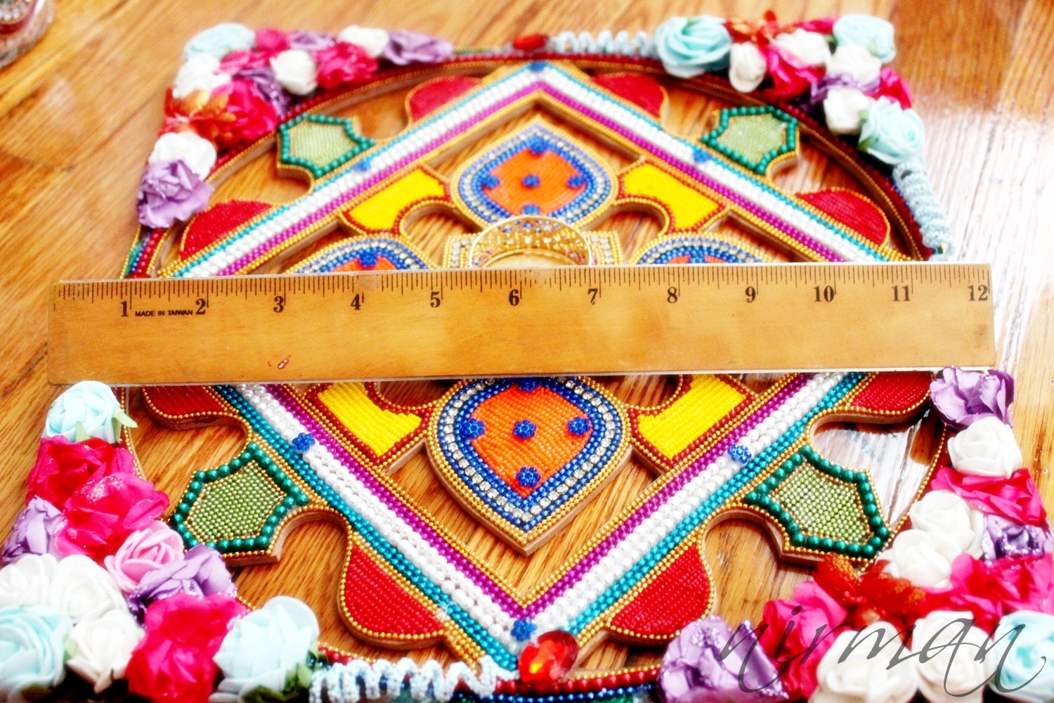 Buy Wood Rangoli Decorated With Fabric Flowers Beads and Rhinestone, 12 ...