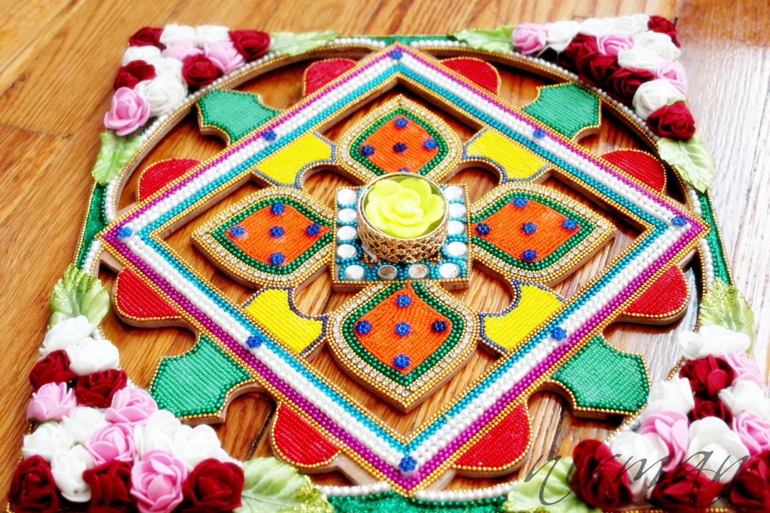 Wood Rangoli Decorated With Fabric Flowers Beads and Rhinestone, 12 ...