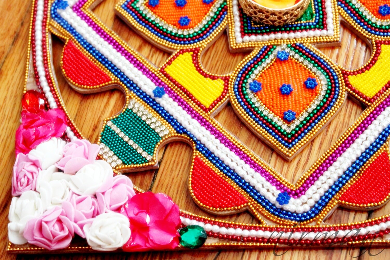 Buy Wood Rangoli Decorated With Fabric Flowers Beads and Rhinestone, 12 ...