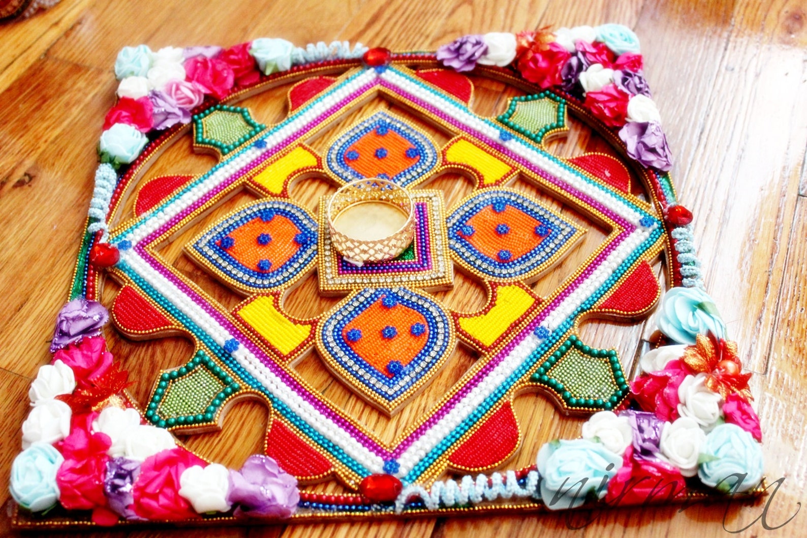 Buy Wood Rangoli Decorated With Fabric Flowers Beads and Rhinestone, 12 ...