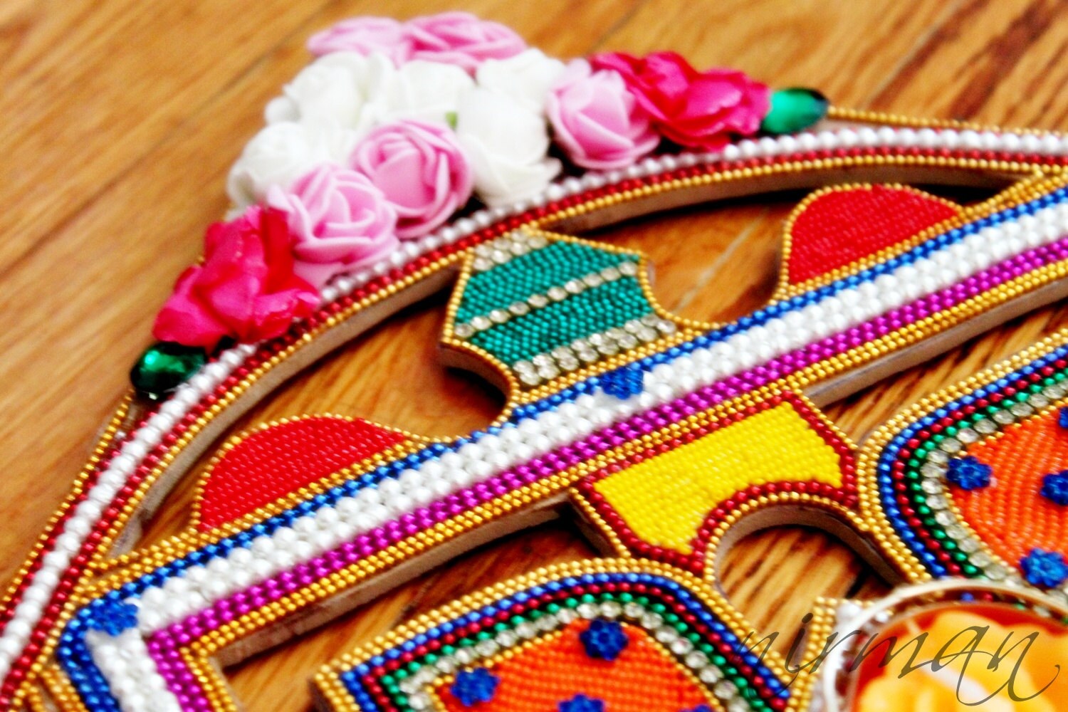 Buy Wood Rangoli Decorated With Fabric Flowers Beads and Rhinestone, 12 ...