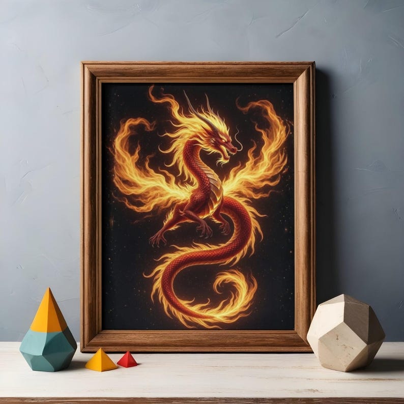 Spiritual Fiery Dragon Living Room Wall Art, Celestial Fantasy Decor ...