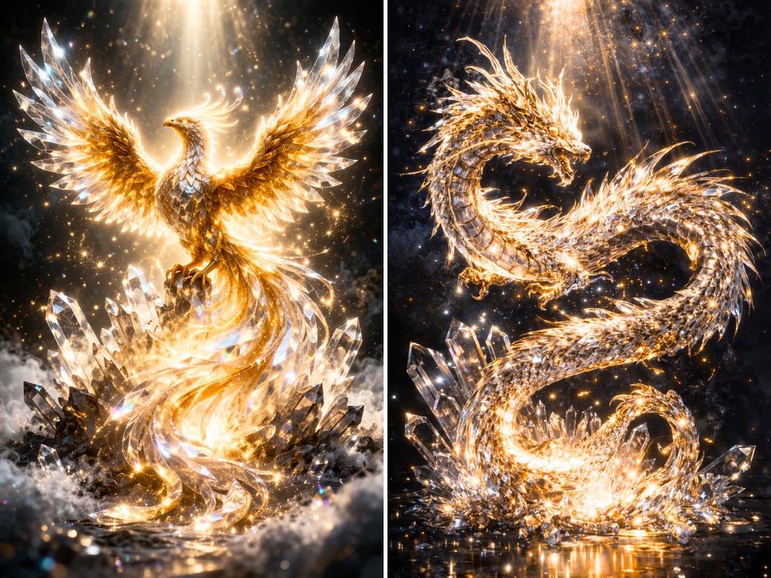 Crystal Dragon Phoenix Wall Art Set, Golden Mythical Decor (digital ...