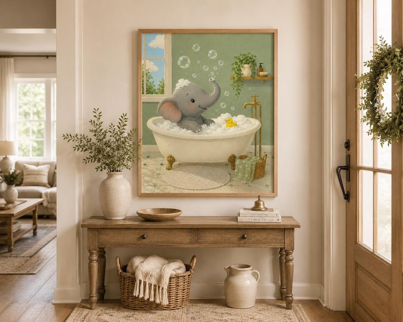 Baby Elephant Bath Illustration, Nursery Animal Art, Watercolor Style ...