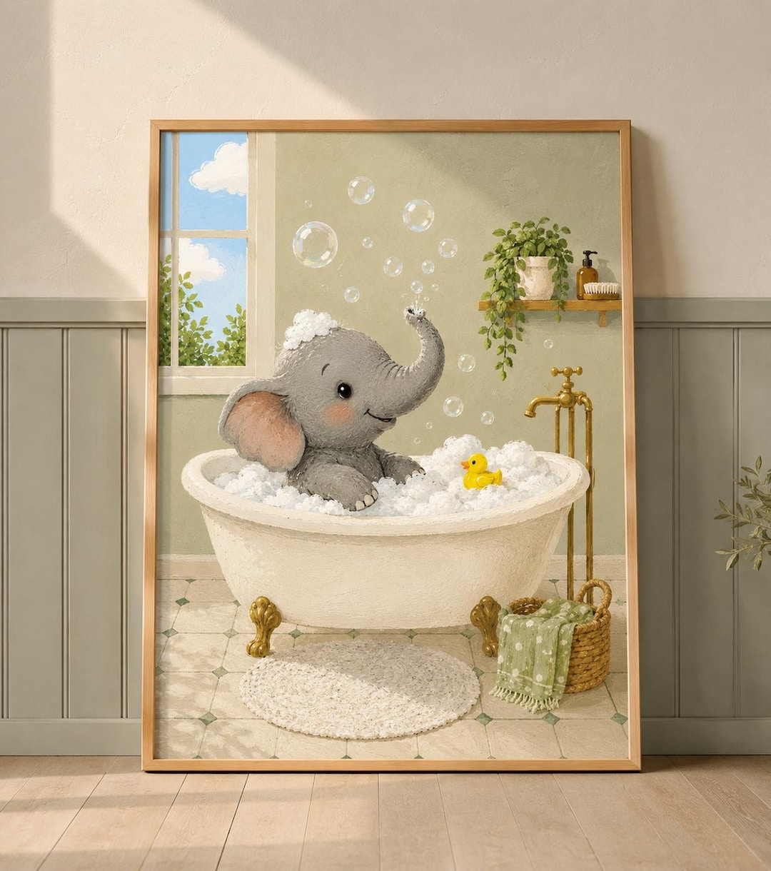 Baby Elephant Bath Illustration, Nursery Animal Art, Watercolor Style ...