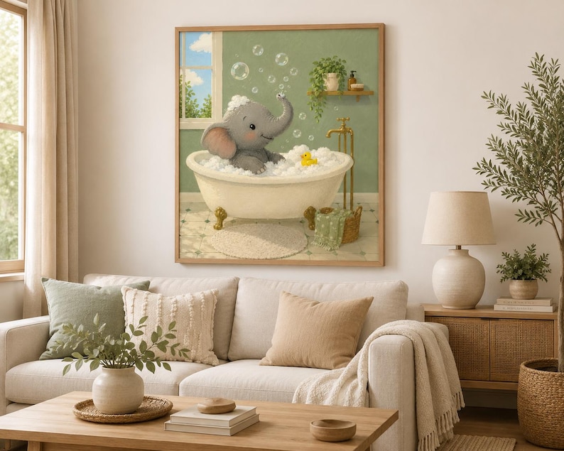 Baby Elephant Bath Illustration, Nursery Animal Art, Watercolor Style ...