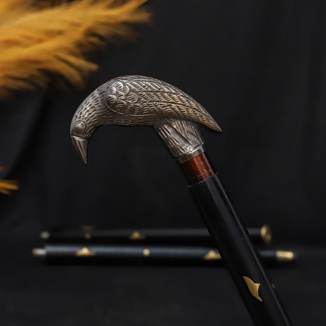 Antique Brass Raven Head Walking Cane, Handcrafted Wooden Gothic Stick ...