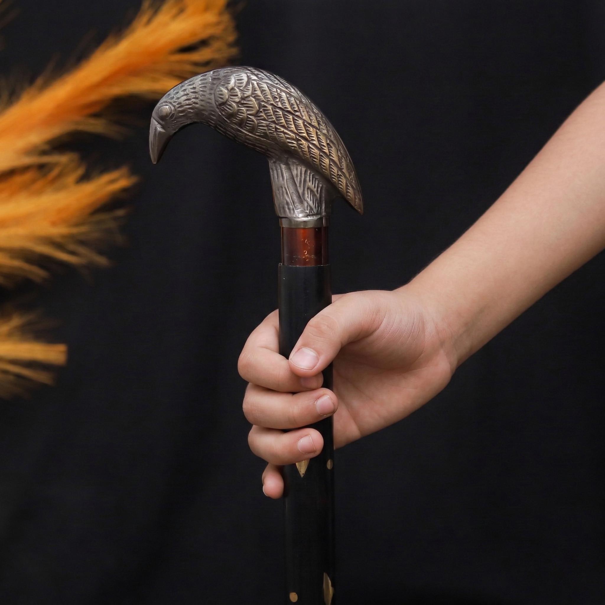 Antique Brass Raven Head Walking Cane, Handcrafted Wooden Gothic Stick ...