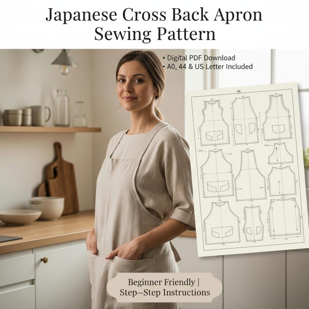 Japanese Cross Back Apron Pattern • Beginner Friendly Sewing, Pockets ...