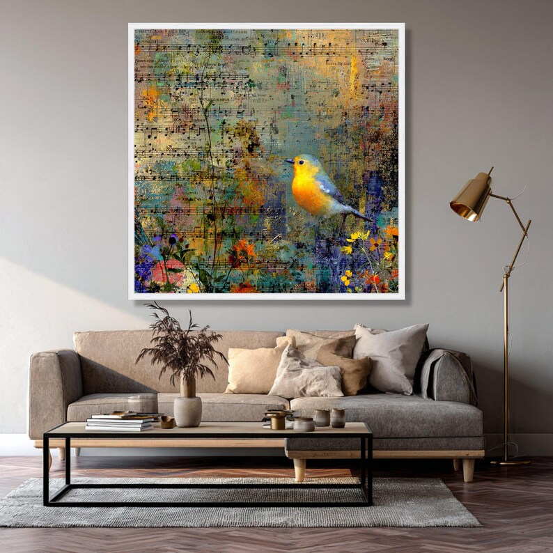 Vibrant Yellow Bird Canvas, Musical Notes Background, Floral Nature ...