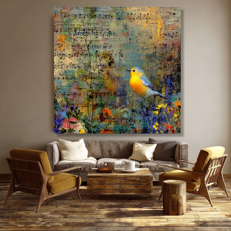 Vibrant Yellow Bird Canvas, Musical Notes Background, Floral Nature ...