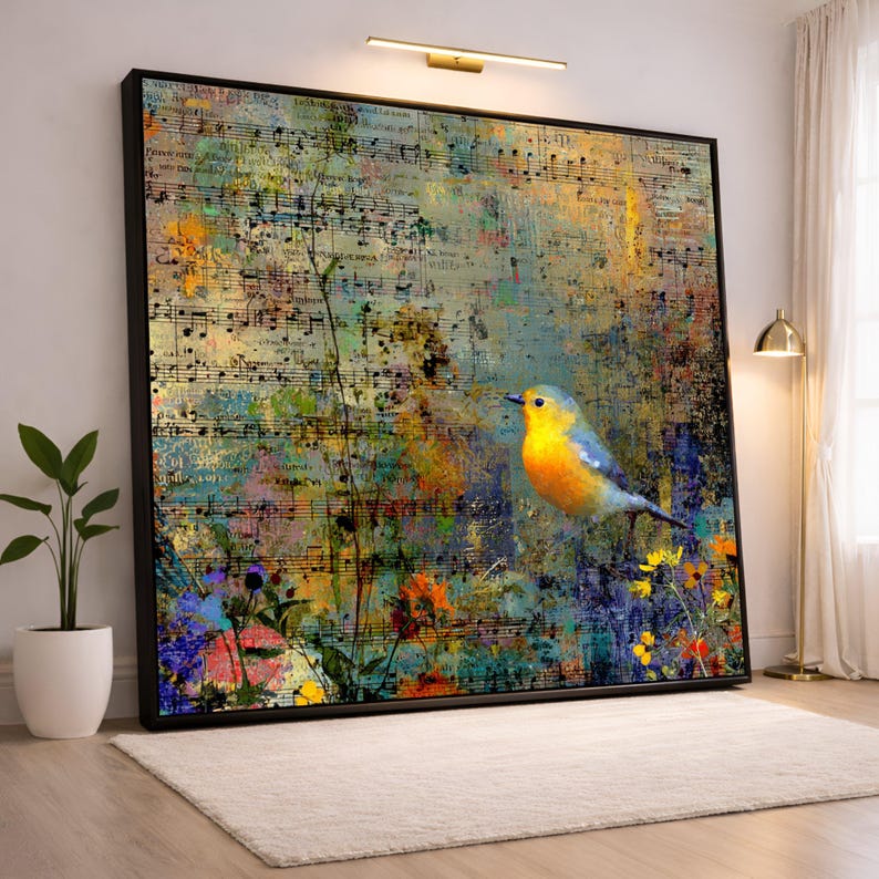Vibrant Yellow Bird Canvas, Musical Notes Background, Floral Nature ...