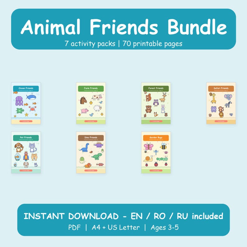 Animal Friends Printable Bundle, 7 Preschool Packs Ocean Farm Forest ...