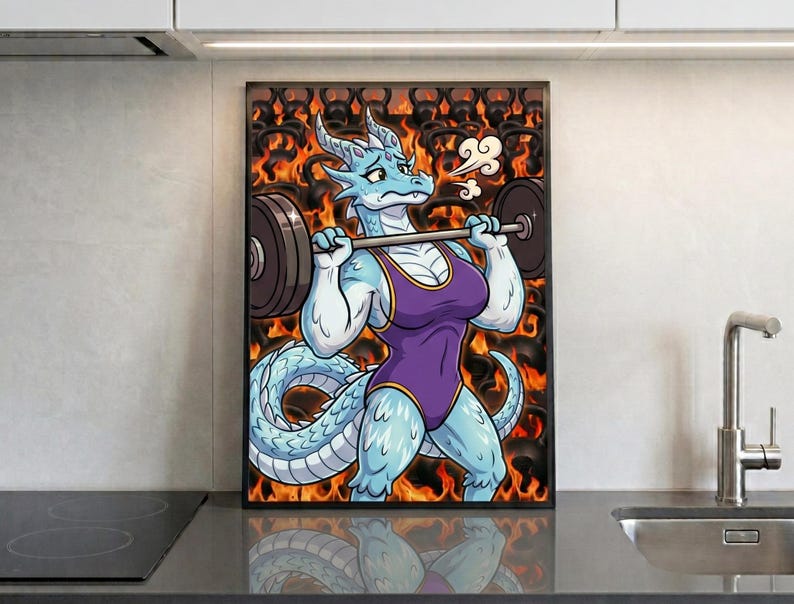 Fun Dragon Lady Weightlifter Cartoon Whimsical Poster - Scalie Anthro ...
