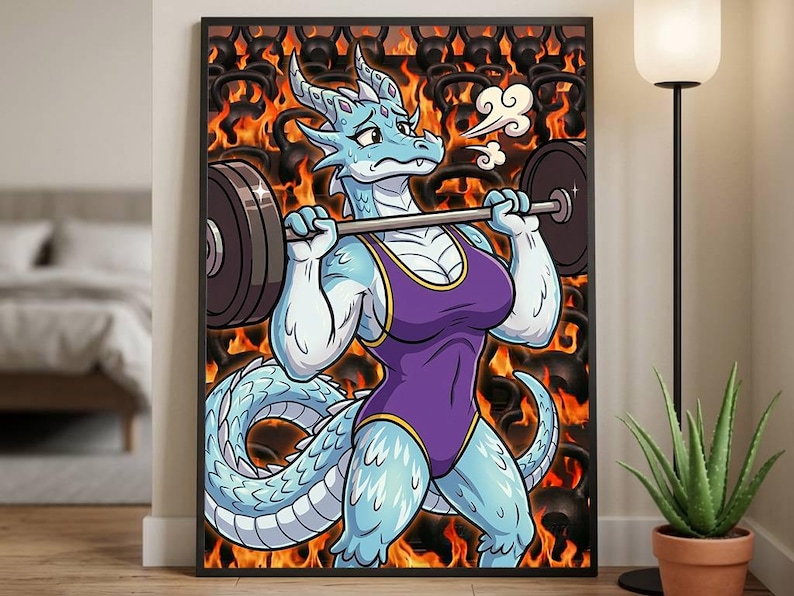 Fun Dragon Lady Weightlifter Cartoon Whimsical Poster - Scalie Anthro ...