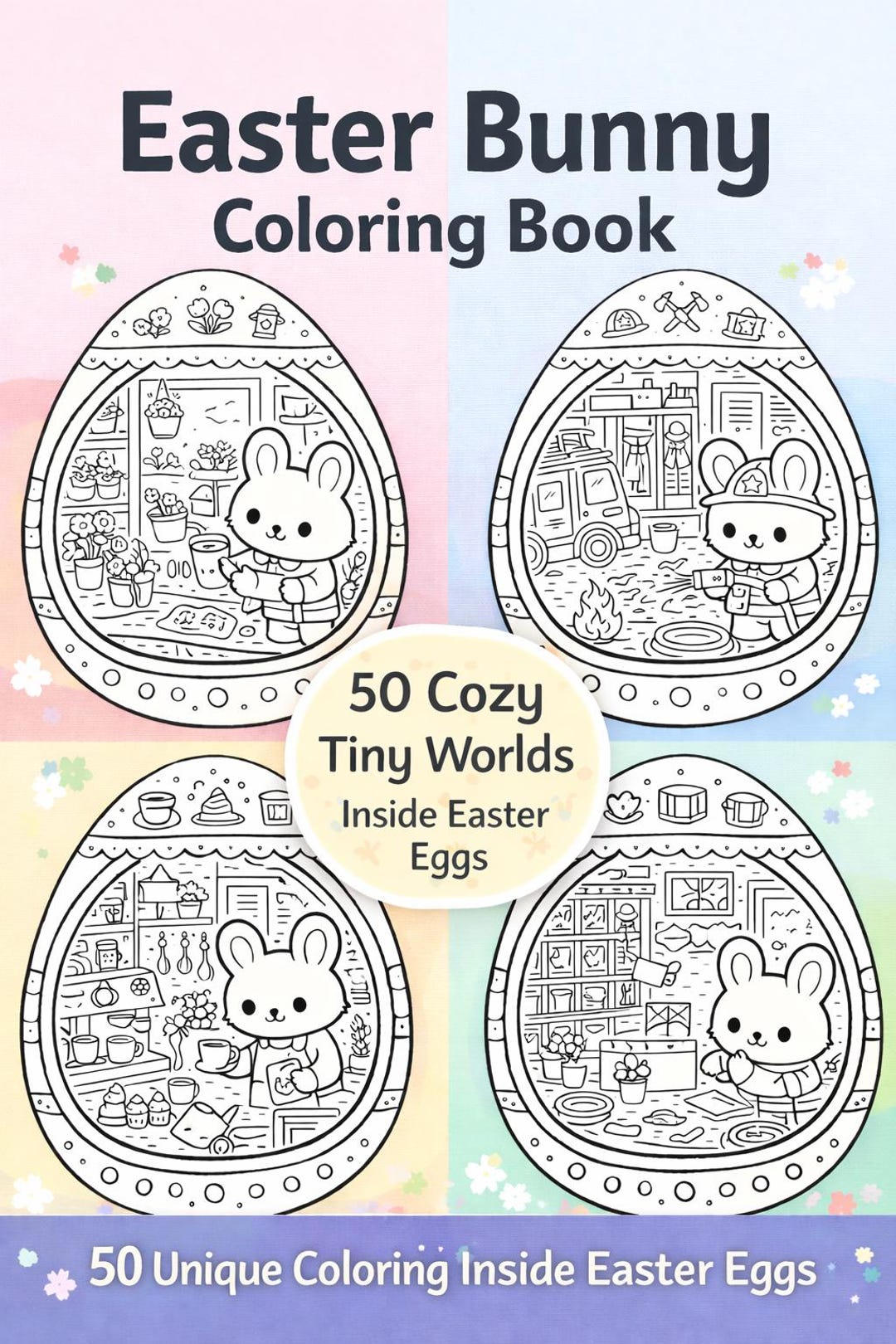 Cozy Easter Bunny Tiny Worlds Coloring Book, 50 Printable Pages ...