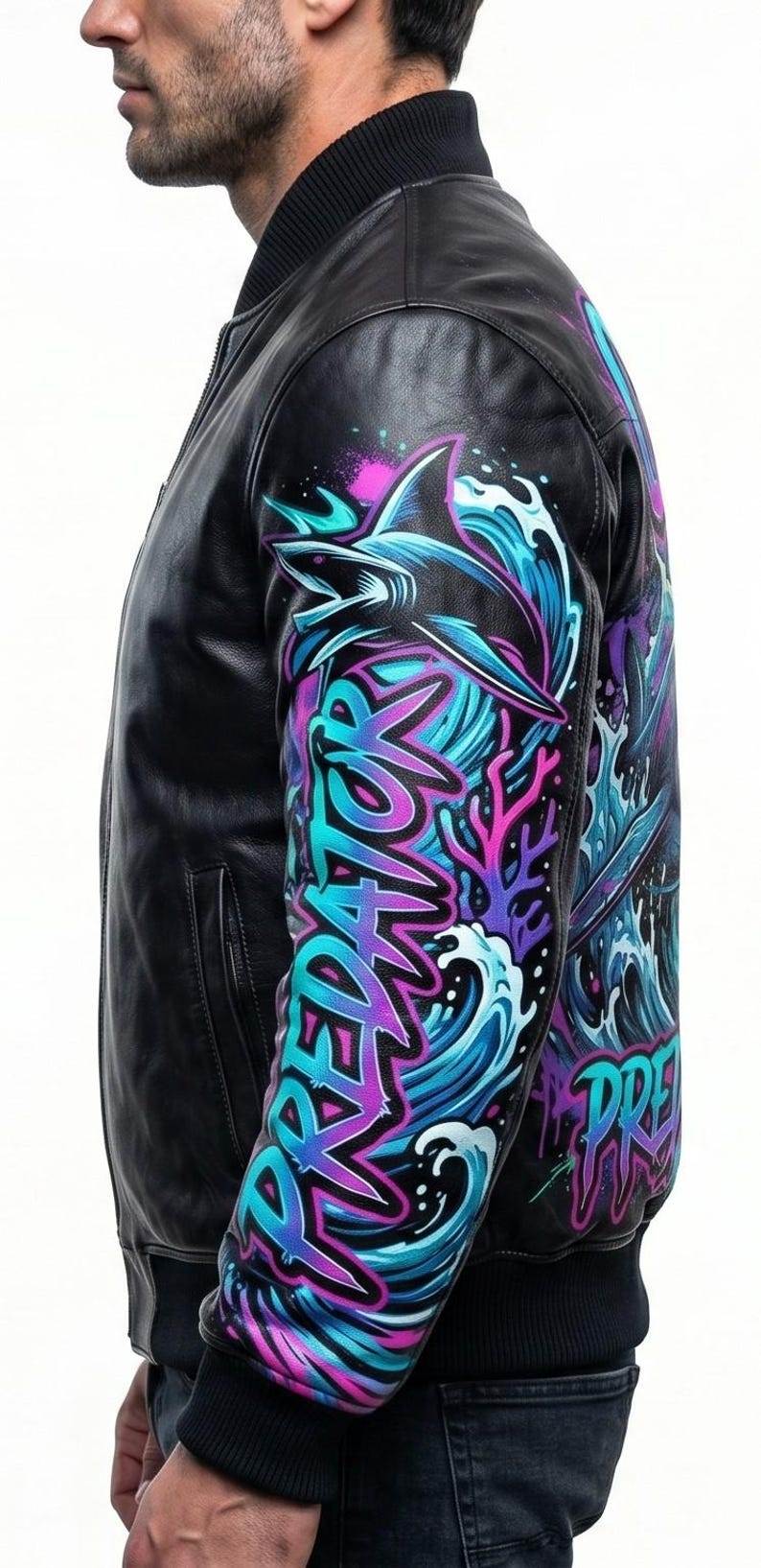Men’s Black Leather Bomber Jacket - Shark Ocean Predator Streetwear ...
