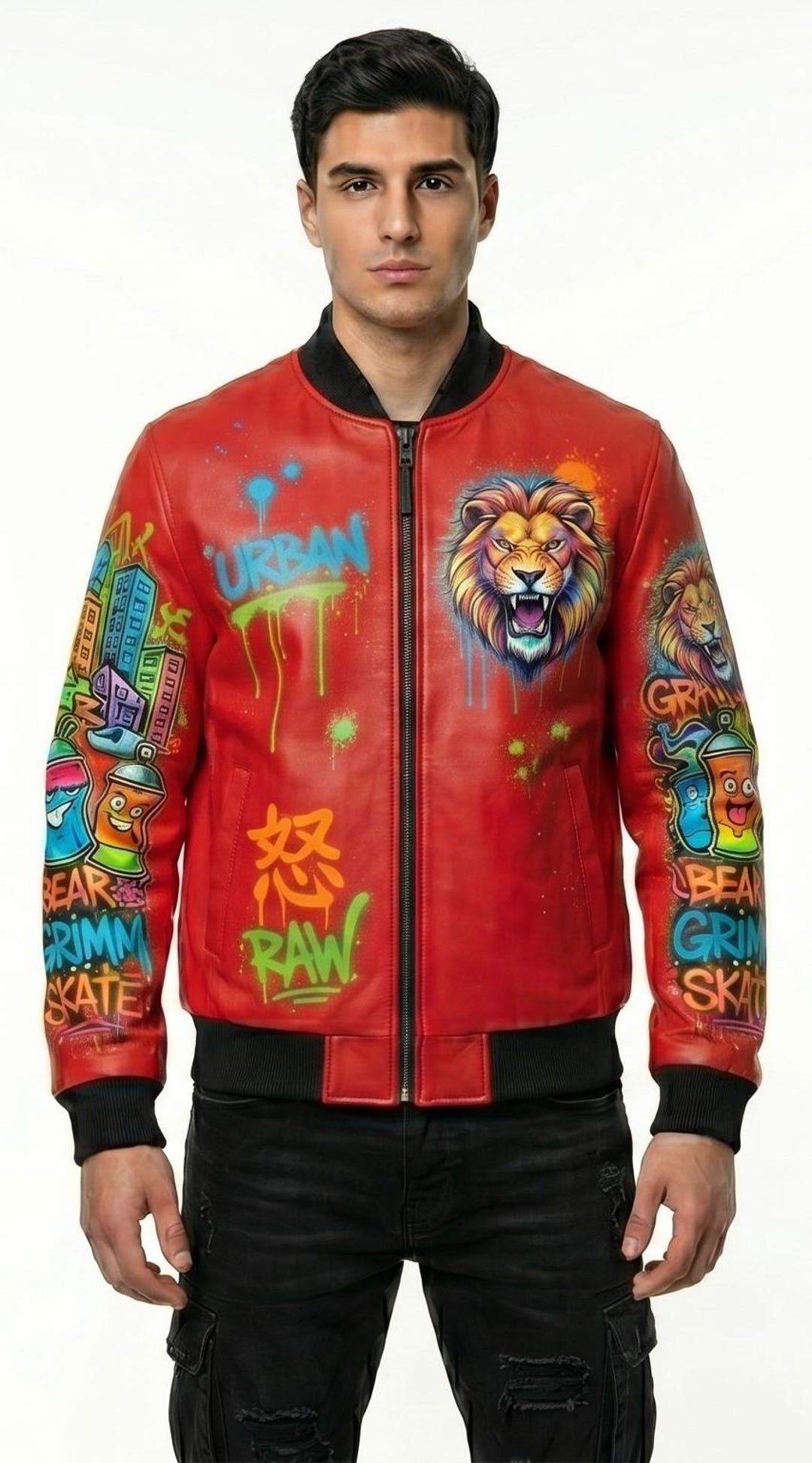 Men’s Red Graffiti Leather Bomber Jacket - Urban Lion Streetwear Coat ...