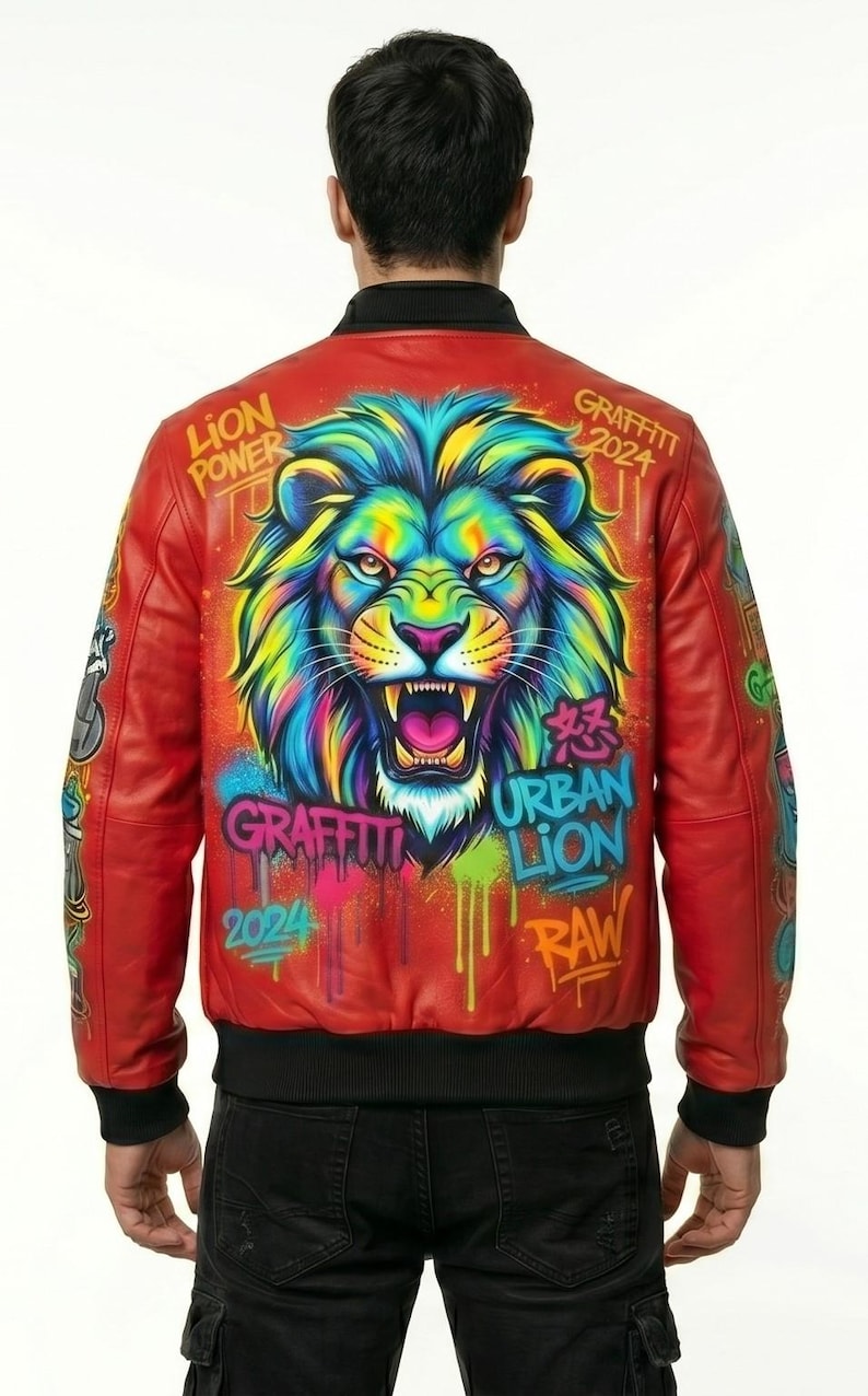 Men’s Red Graffiti Leather Bomber Jacket - Urban Lion Streetwear Coat ...