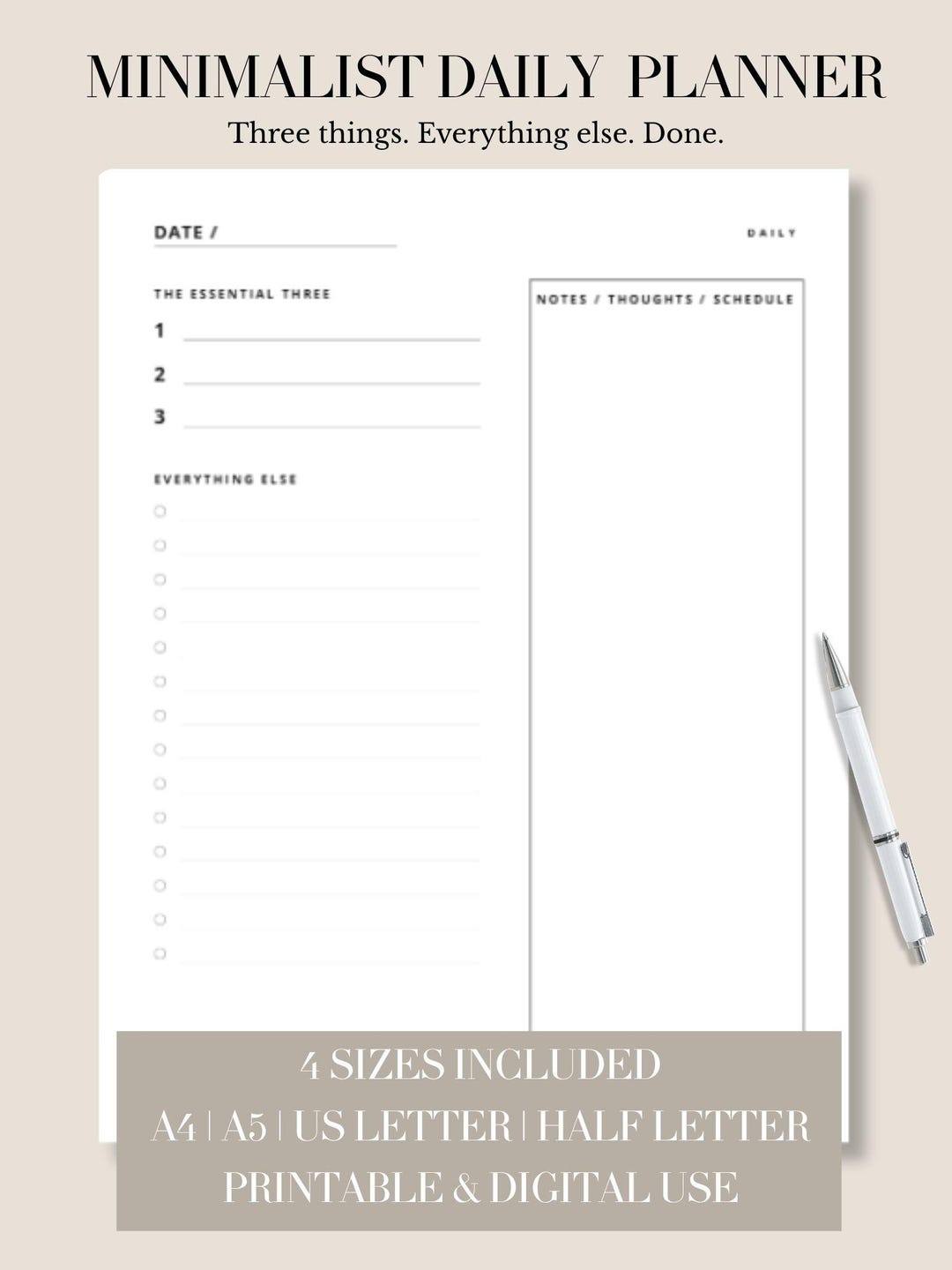 Minimalist Daily Planner Printable, Simple Daily to Do List PDF ...