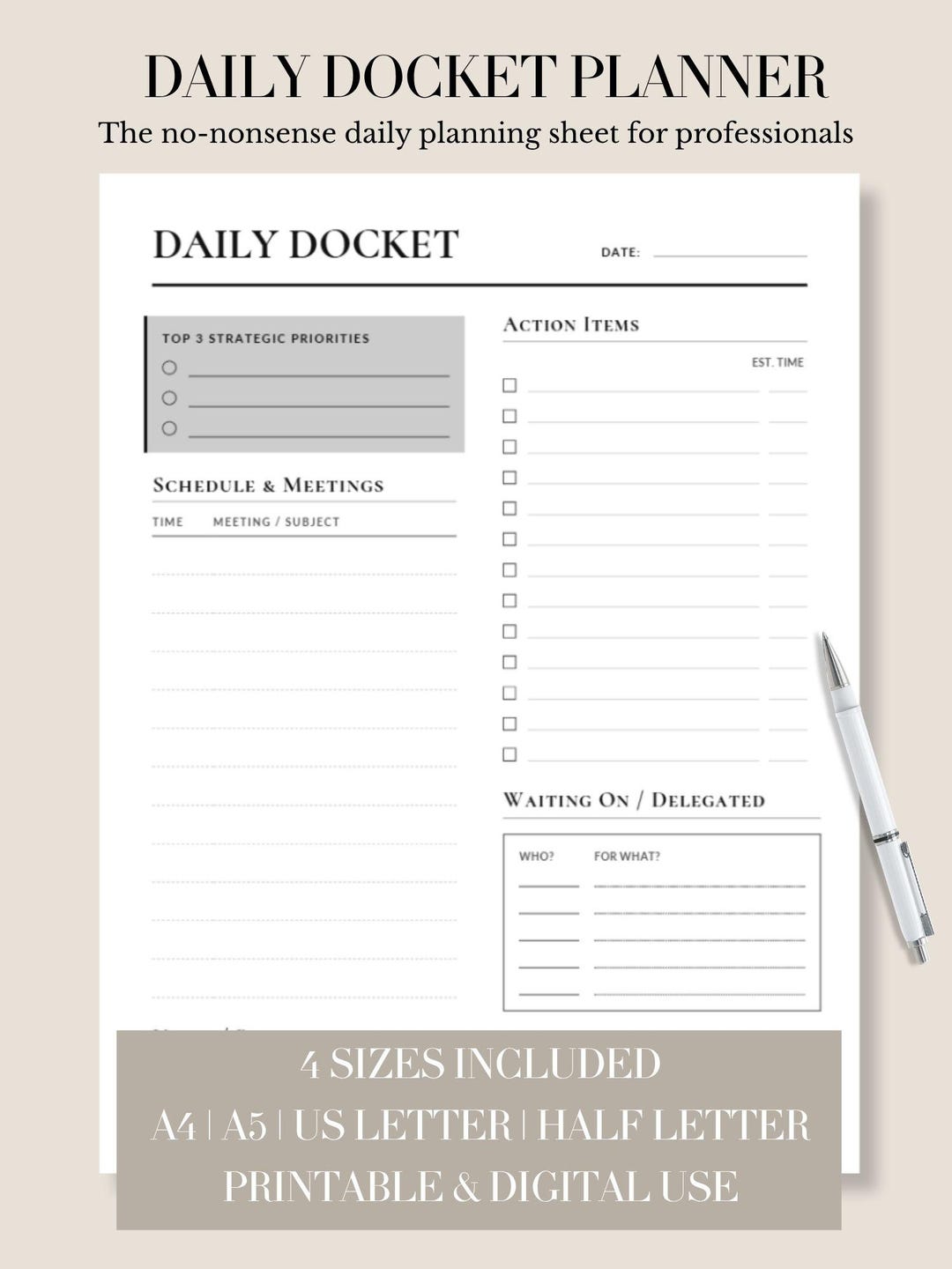 Daily Docket Planner Printable, Professional Daily Planner PDF, Work ...