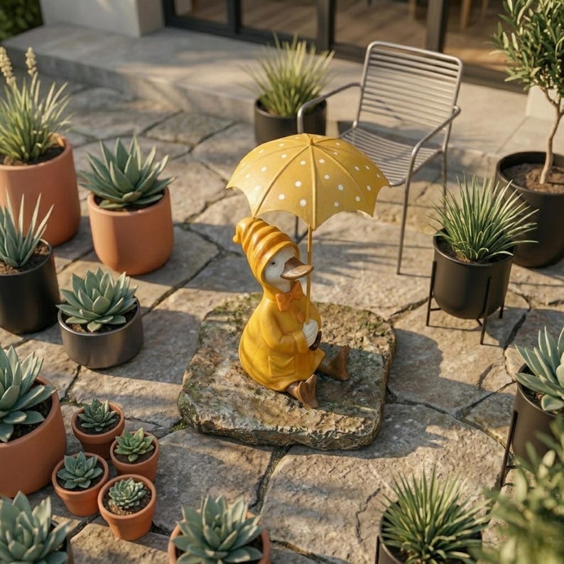 Whimsical Duck Statue, Yellow Raincoat Umbrella, Resin Garden Figurine ...