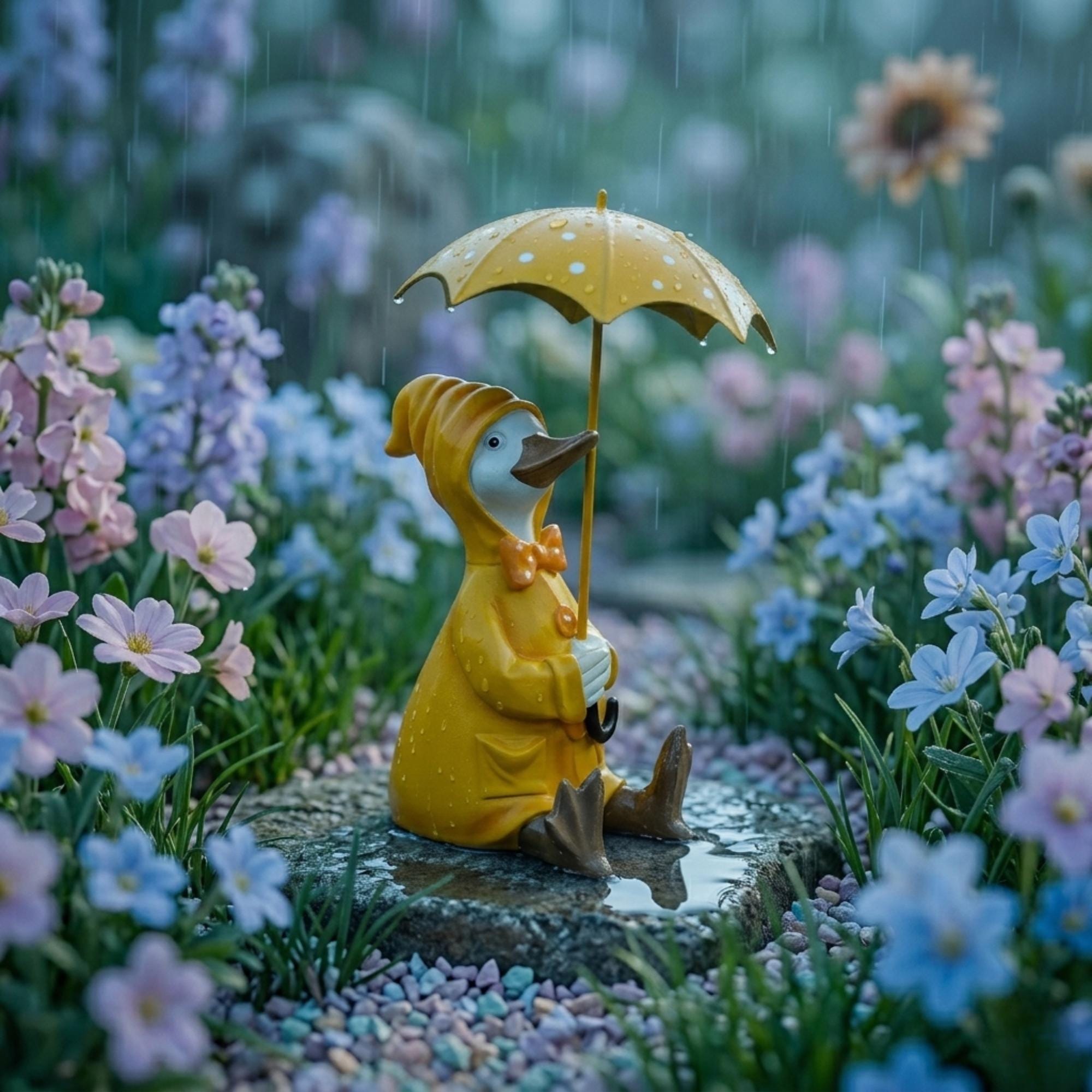 Whimsical Duck Statue, Yellow Raincoat Umbrella, Resin Garden Figurine ...