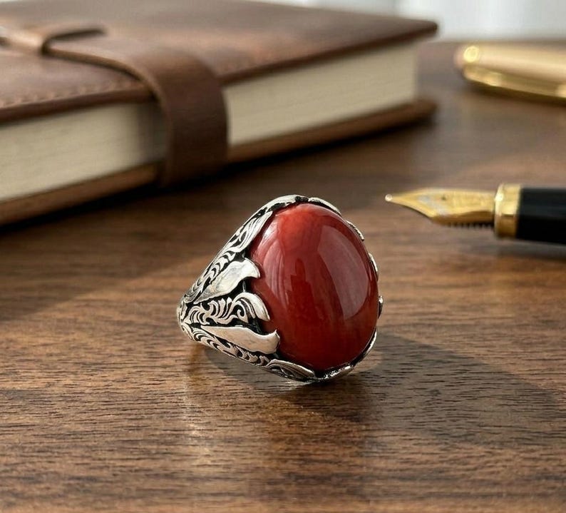 Men's Sterling Silver Red Coral Oval Cabochon Ring, Gothic Engraved ...