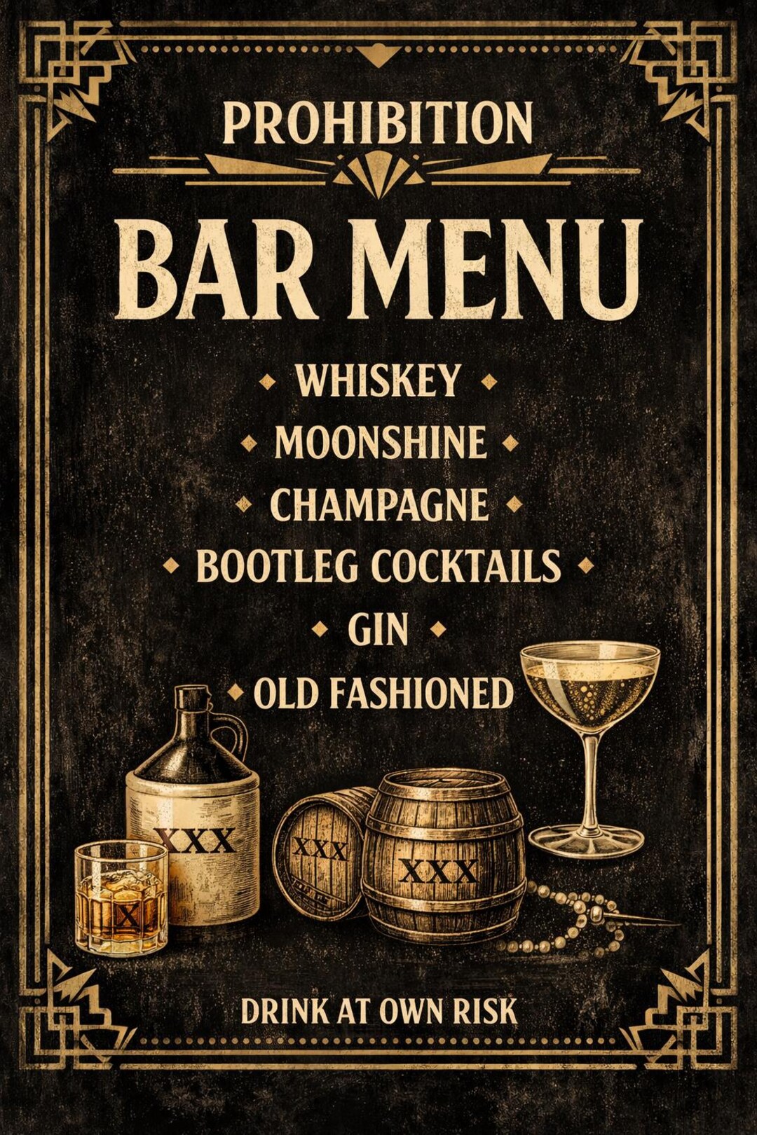 1920s Prohibition Bar Menu Printable, Speakeasy Cocktail Sign, Gatsby ...