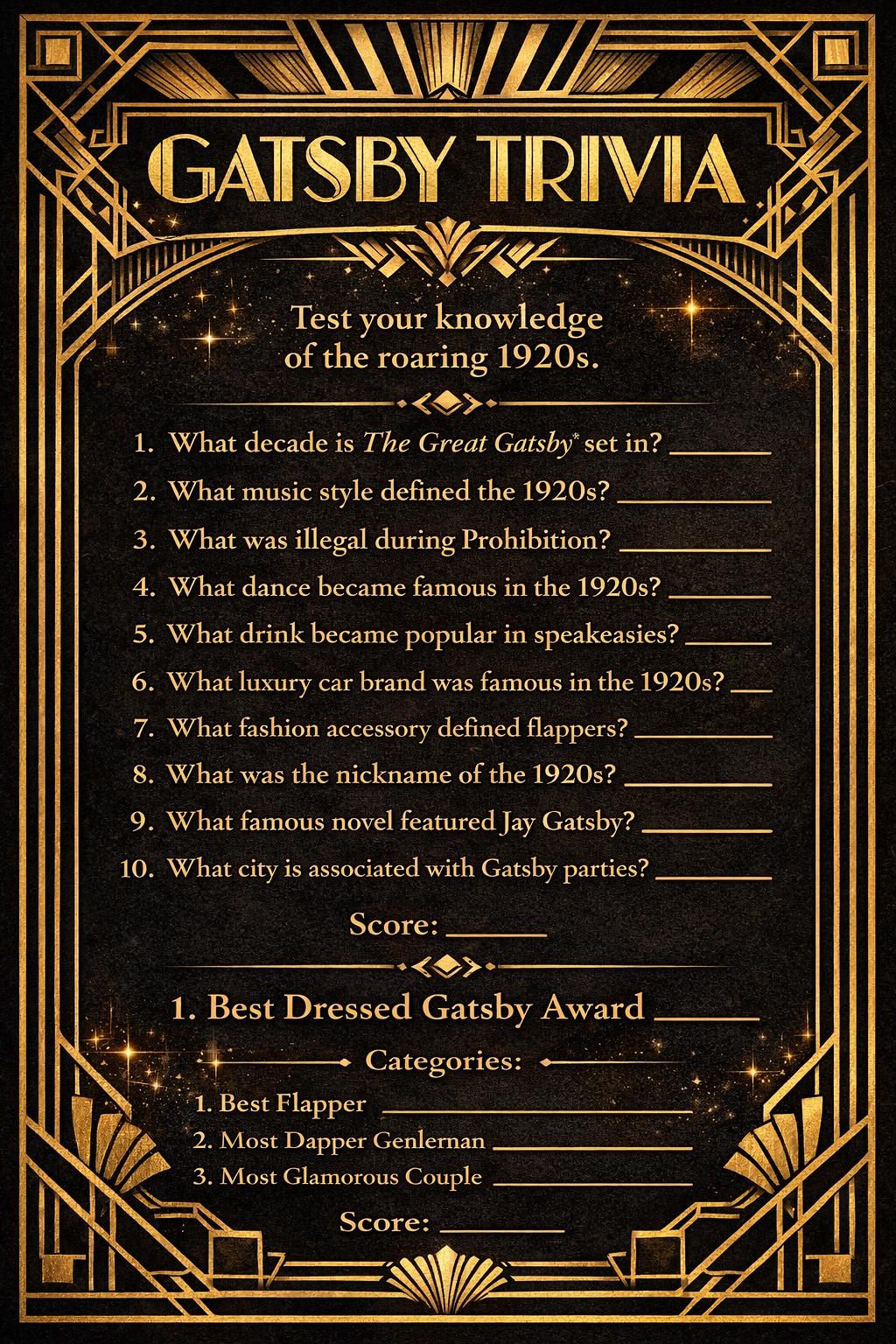 Great Gatsby Party Game Printable – Roaring 20s Birthday Game – Gatsby ...
