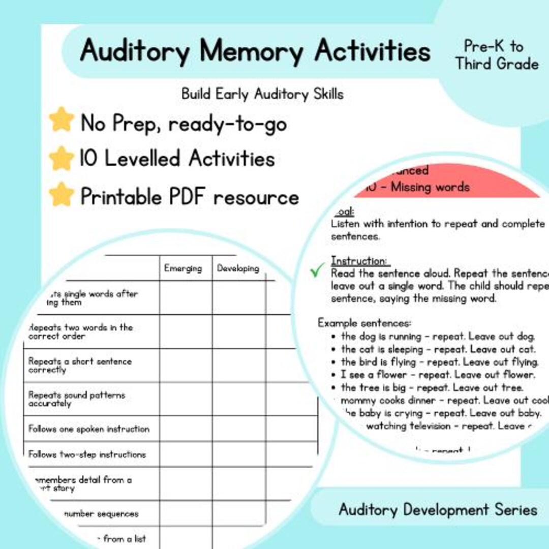 Auditory Memory Activities Workbook | Preschool Speech Therapy (PDF ...